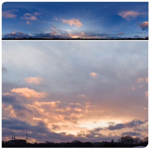 360 HDRI panorama of Pink Sunset in 30k, 16k and 4k resolution