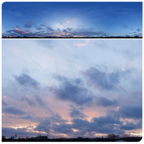 360 HDRI panorama of Pink Sunset in 30k, 16k and 4k resolution