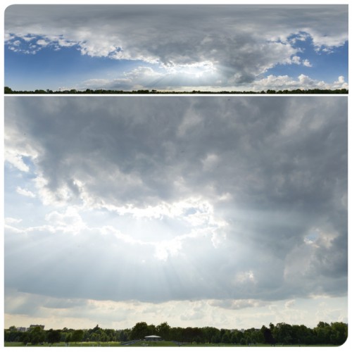 360 HDRI panorama of Storm & God Rays in 30k, 16k and 4k resolution